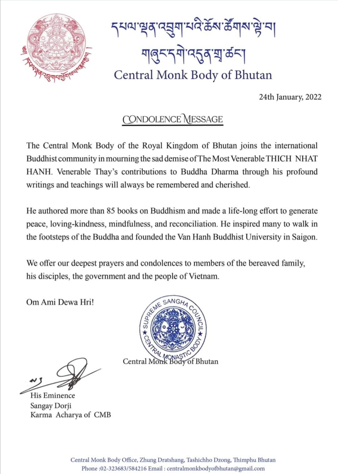 Condolence Letters | Plum Village